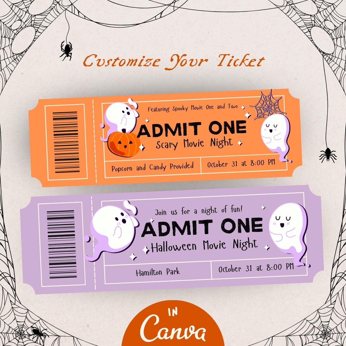 Printable Cute Spooky Movie Night Ticket | Halloween Party Invitation ...