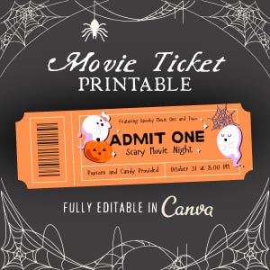 Printable Cute Spooky Movie Night Ticket | Halloween Party Invitation ...