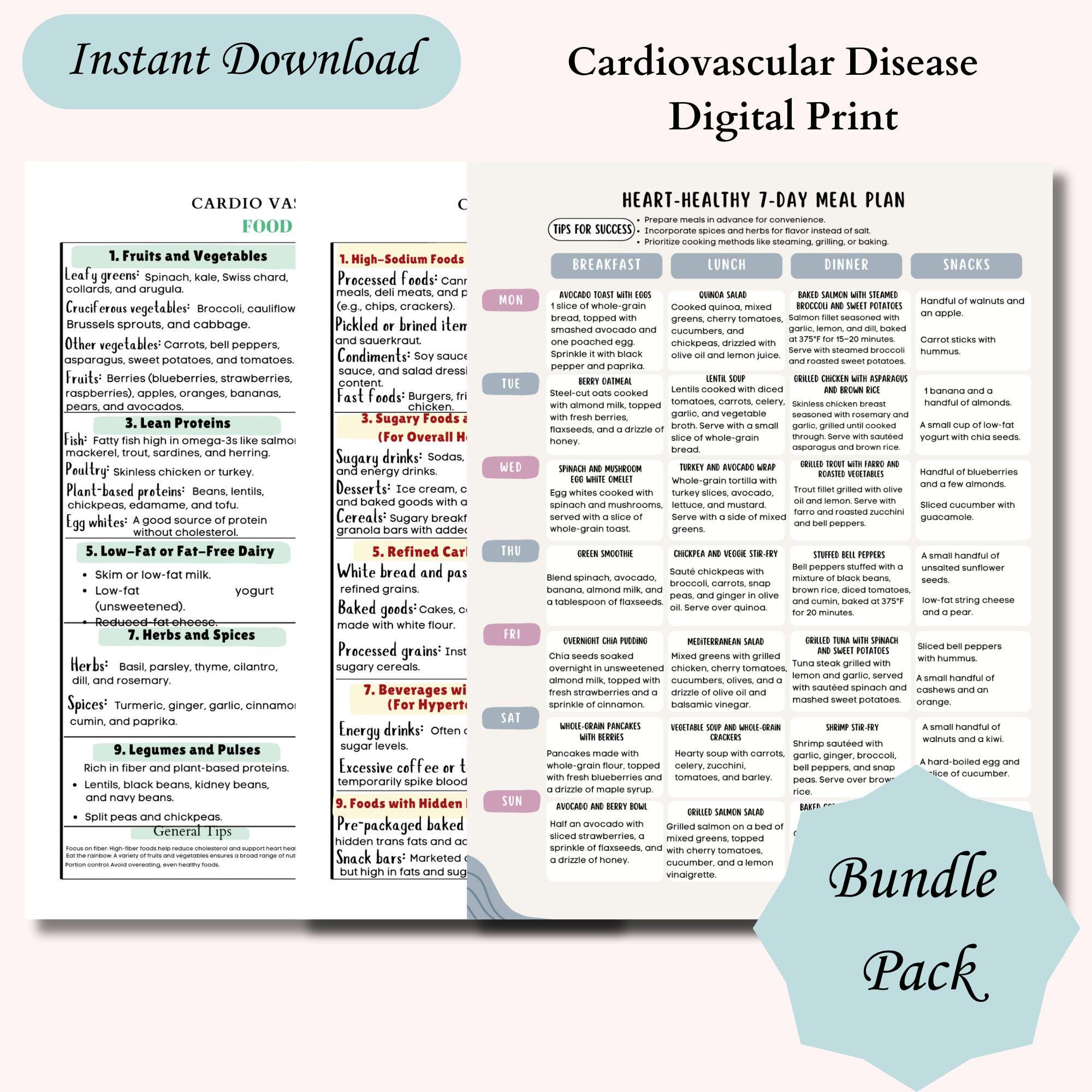 Cardiovascular Disease Diet Print, Cardiovascular Food Tracking, Heart ...