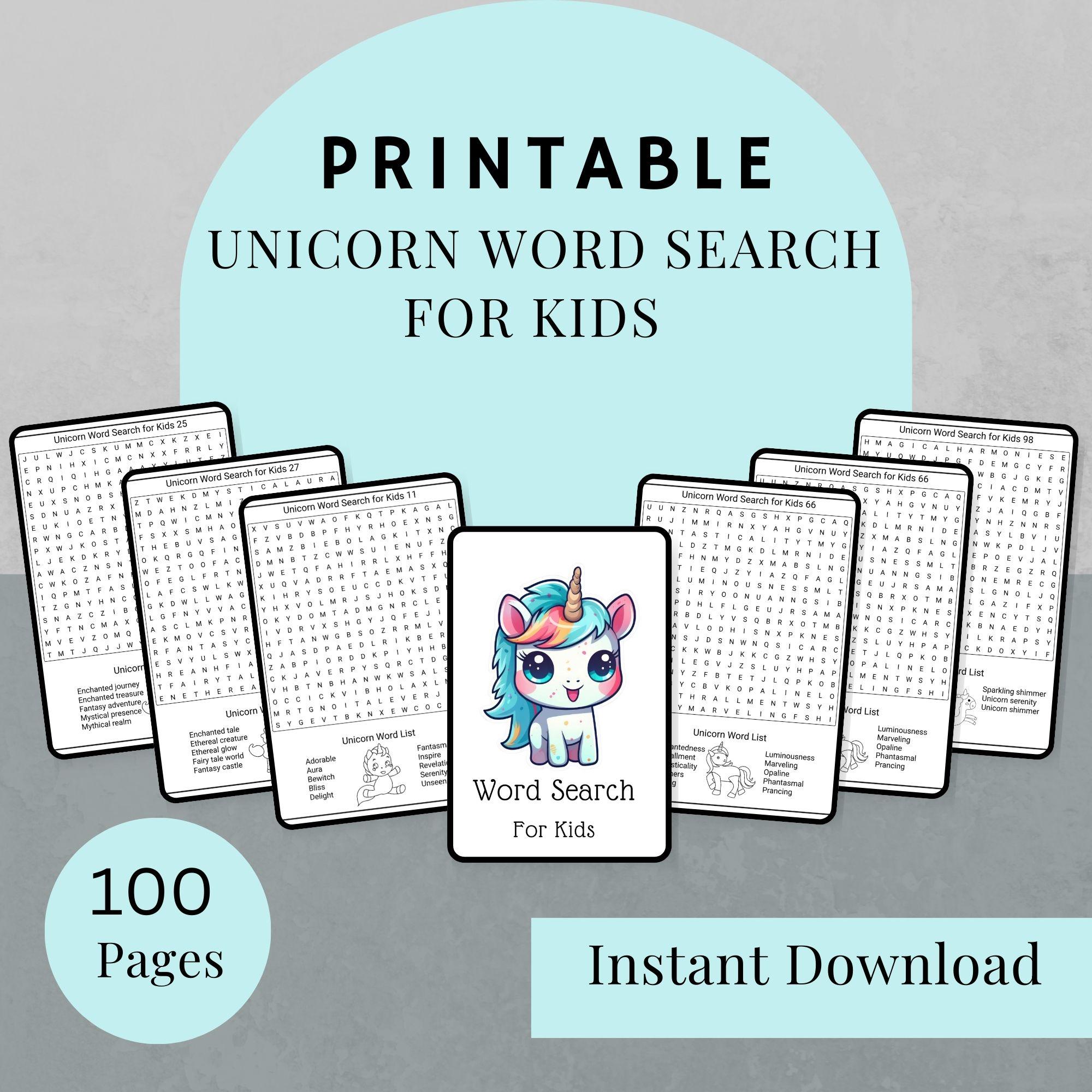Unicorn Word Search for Kids, Word Search Puzzle Book: Printable ...