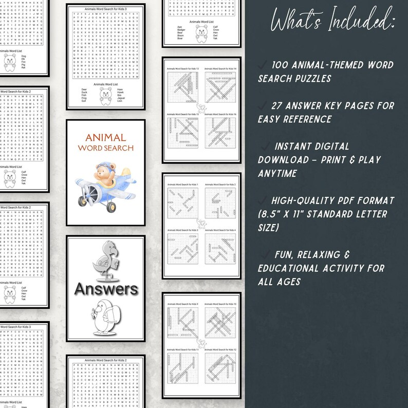 100 Animal Word Search for Kids & Adults, Word Search Puzzle Book ...