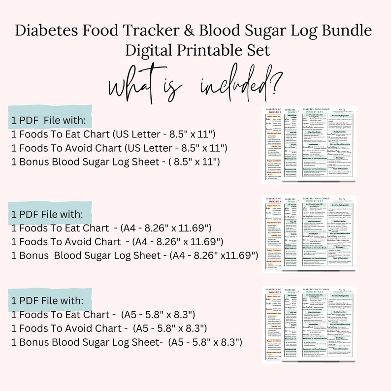 Diabetes Food Tracker & Blood Sugar Log Bundle, Digital Printable Set ...