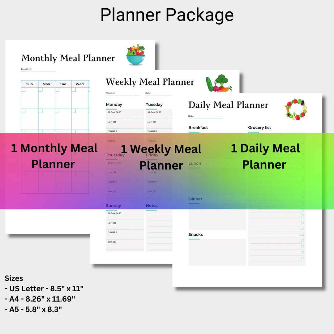 Planner Package, Minimalist Weekly Planner, Monthly Planner, Daily Meal ...