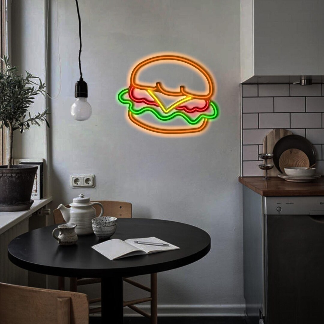 Hamburger Neon Metal Wall Sign - Retro LED Burger Light - Fast Food ...
