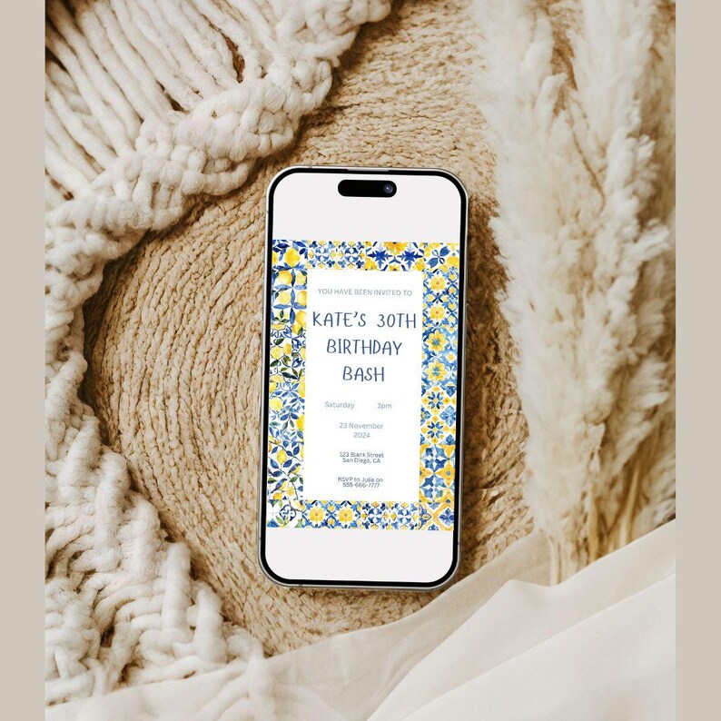 Editable Blue Tiles Lemon Birthday Invitation Template Canva Design ...