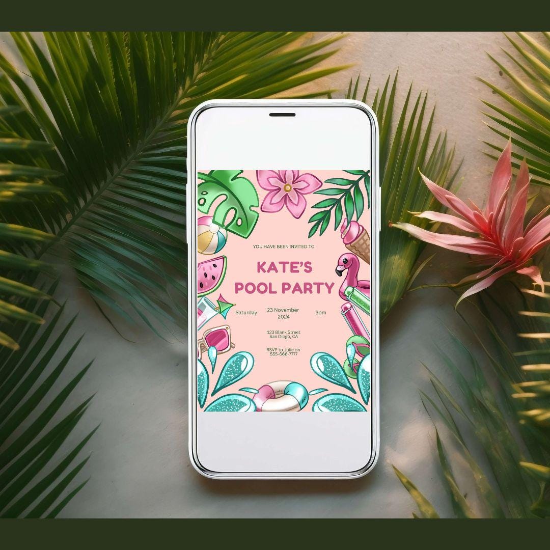 Editable Pool Party Invitation, Swim Party Invite, Tropical Birthday ...