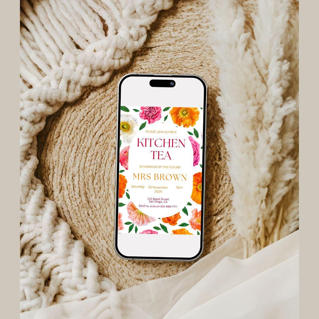 Floral Kitchen Tea Invitation | Elegant Bridal Shower Tea Party Invite ...
