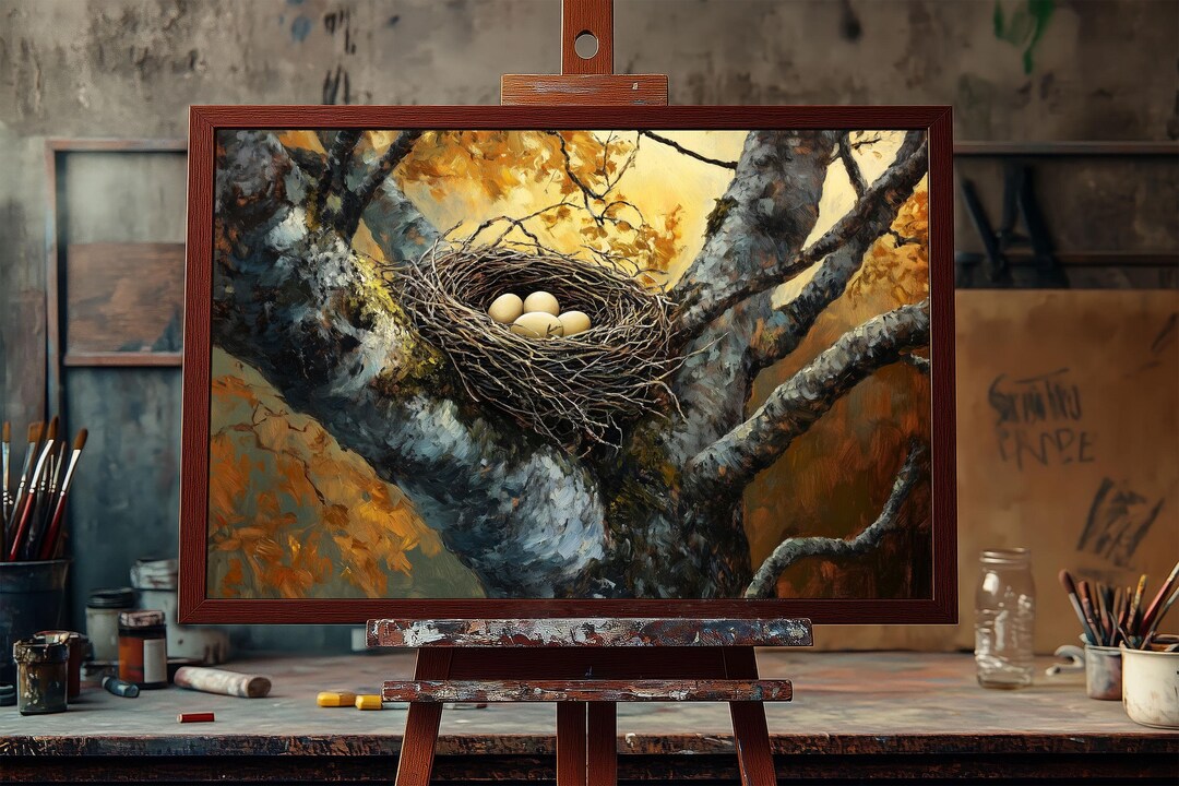 Original Oil Painting Woven Bird’s Nest, Oil Painting on Canvas Wall Art 24x36in, Unframed Oil ...