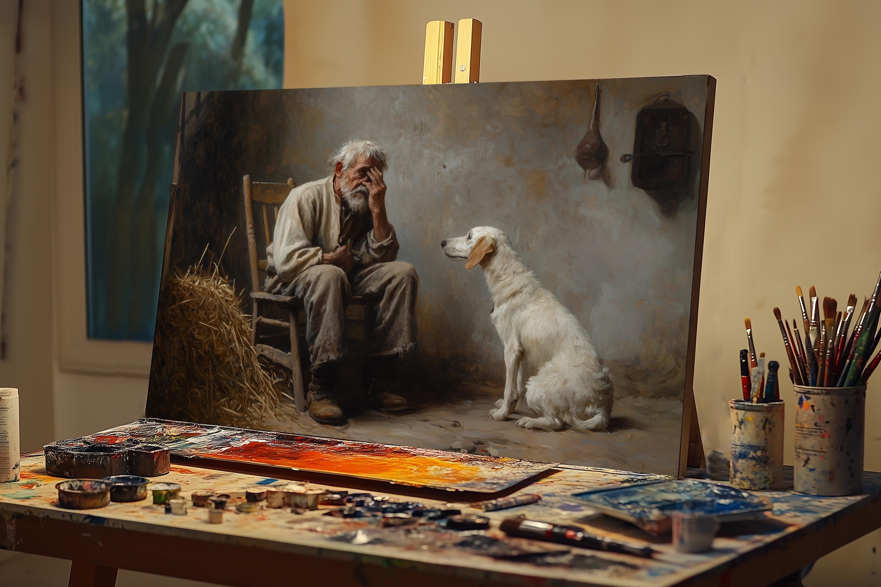 Fine Art Oil Painting Poor Old Man and Dog | Hand-painted Emotional ...