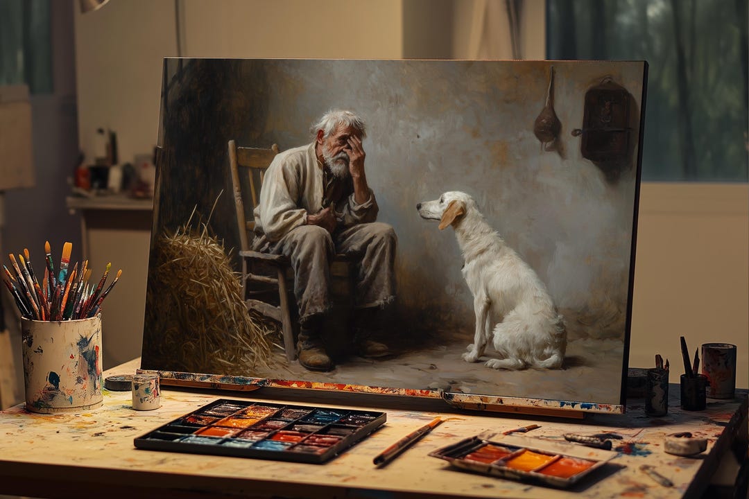 Fine Art Oil Painting Poor Old Man and Dog | Hand-painted Emotional ...