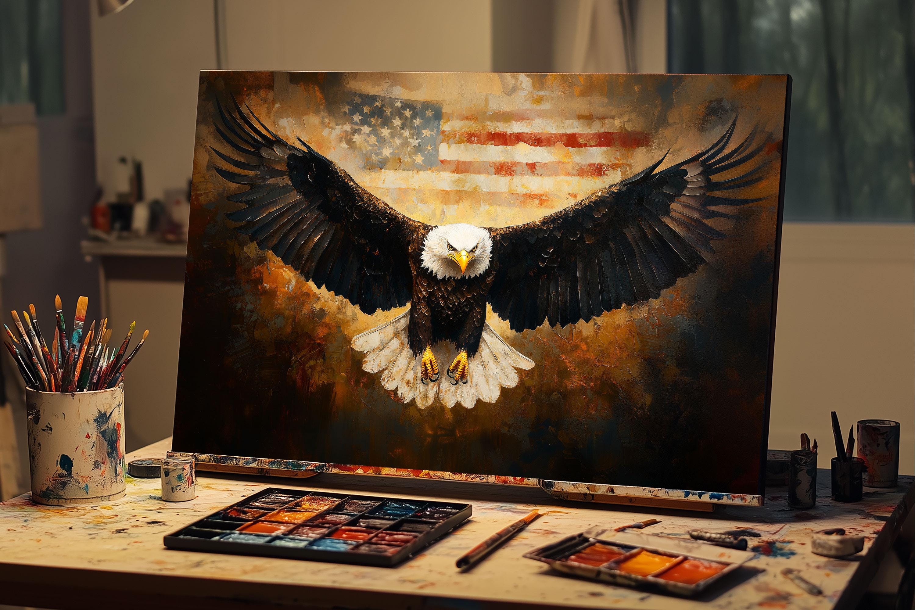 Bald Eagle With USA Flag Flying | Patriotic Oil Painting | Freedom Wall ...