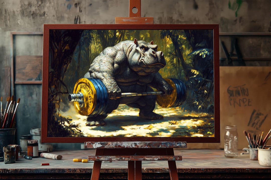 Original Oil Painting Hippo Loaded Barbell, Oil Painting on Canvas Wall ...