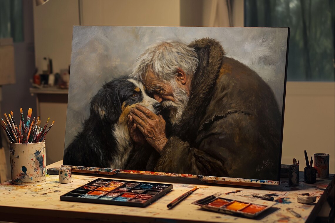 Fine Art Oil Painting Poor Old Man & His Loyal Dog | Touching Rustic ...