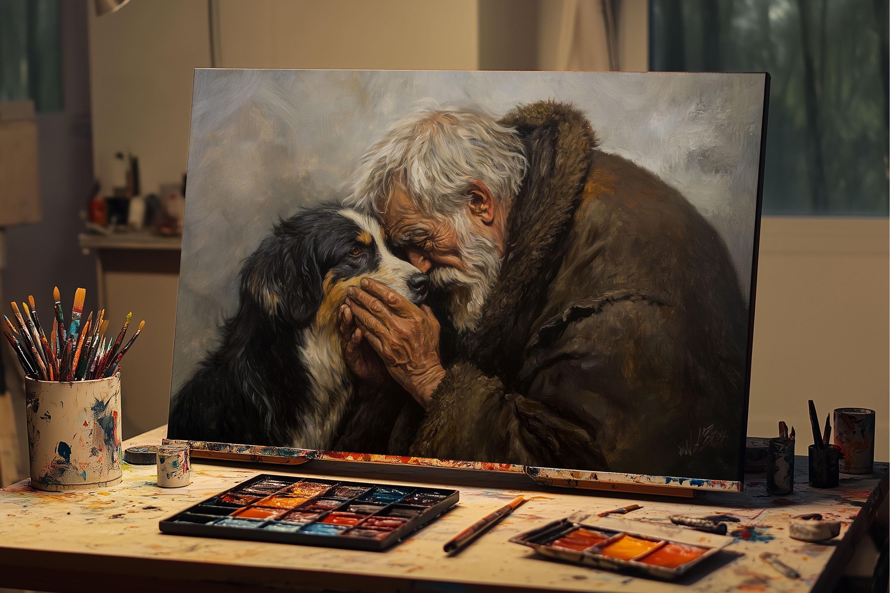 Fine Art Oil Painting Poor Old Man & His Loyal Dog | Touching Rustic ...