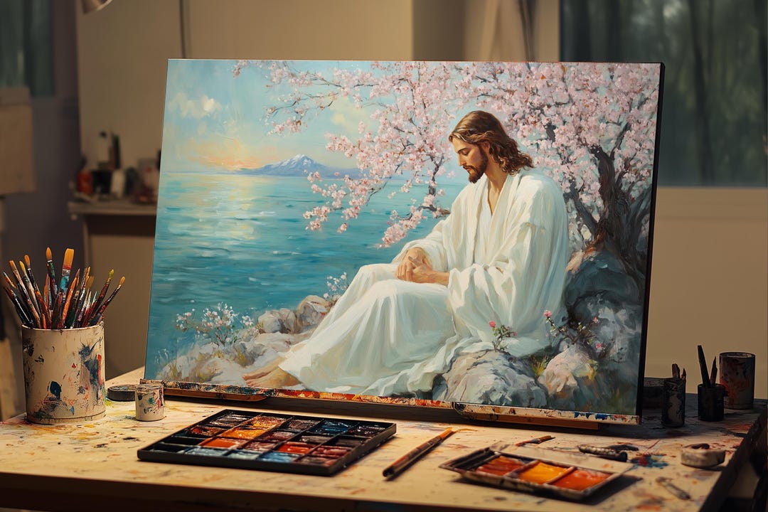 Fine Art Oil Painting Jesus With Cherry Blossoms | Hand-painted ...