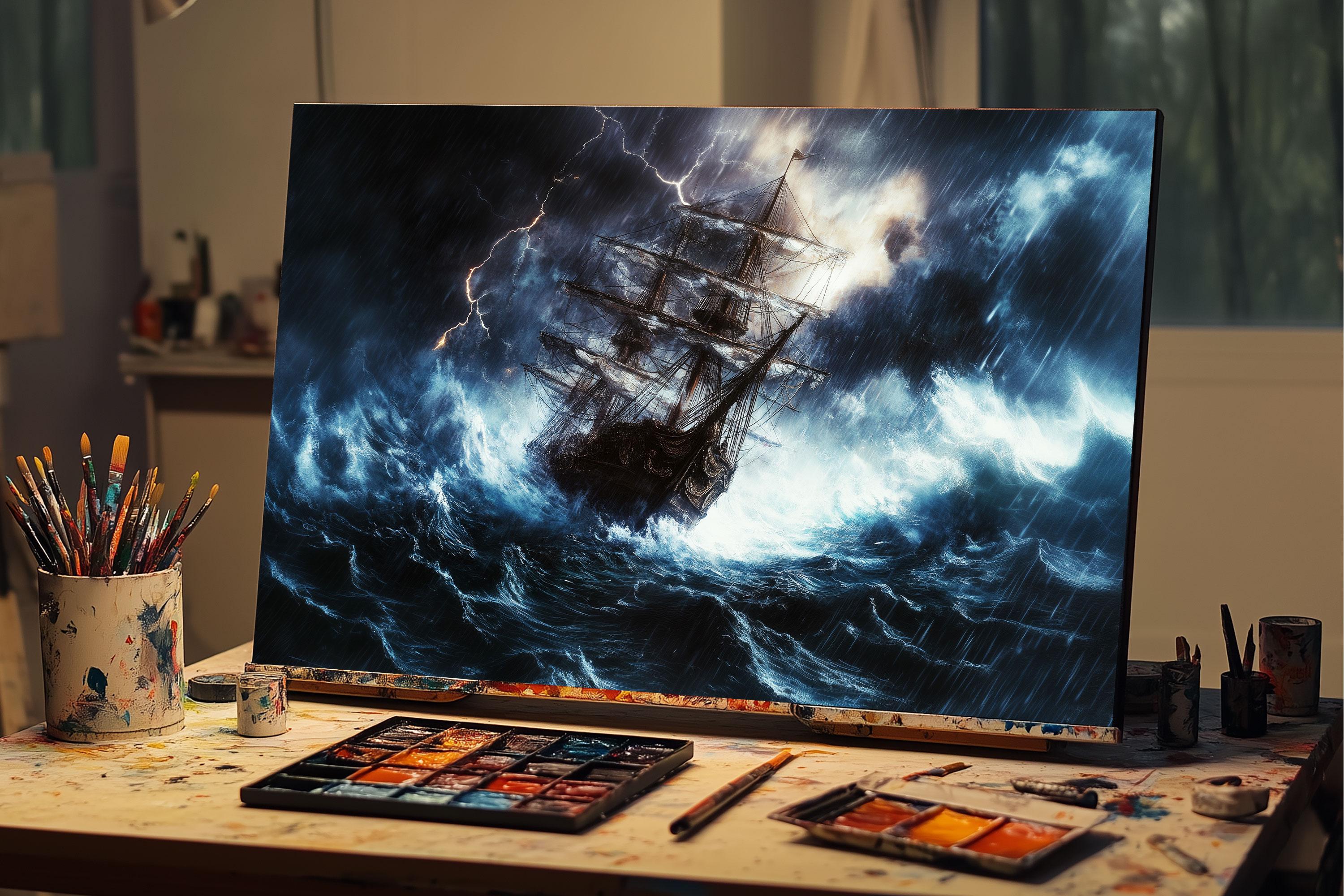 Epic Sailing Ship in Ocean Storm Oil Painting | Dramatic Nautical ...