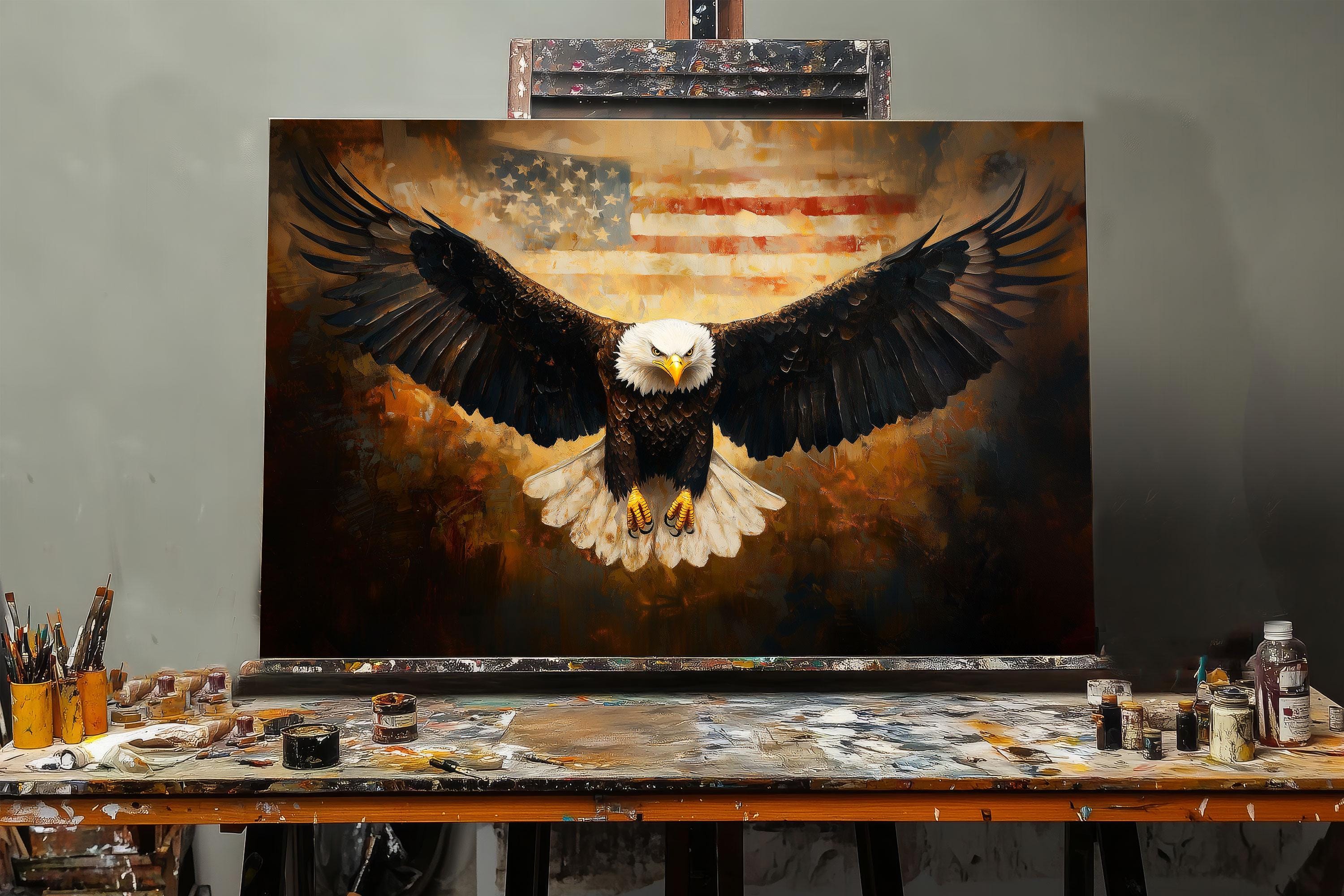 Bald Eagle With USA Flag Flying | Patriotic Oil Painting | Freedom Wall ...