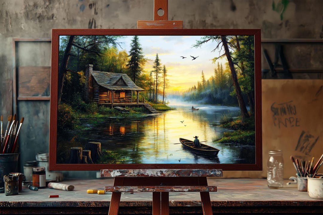 Wooden Cabin by River in Pine Forest | Fine Art Oil Painting | Rustic ...