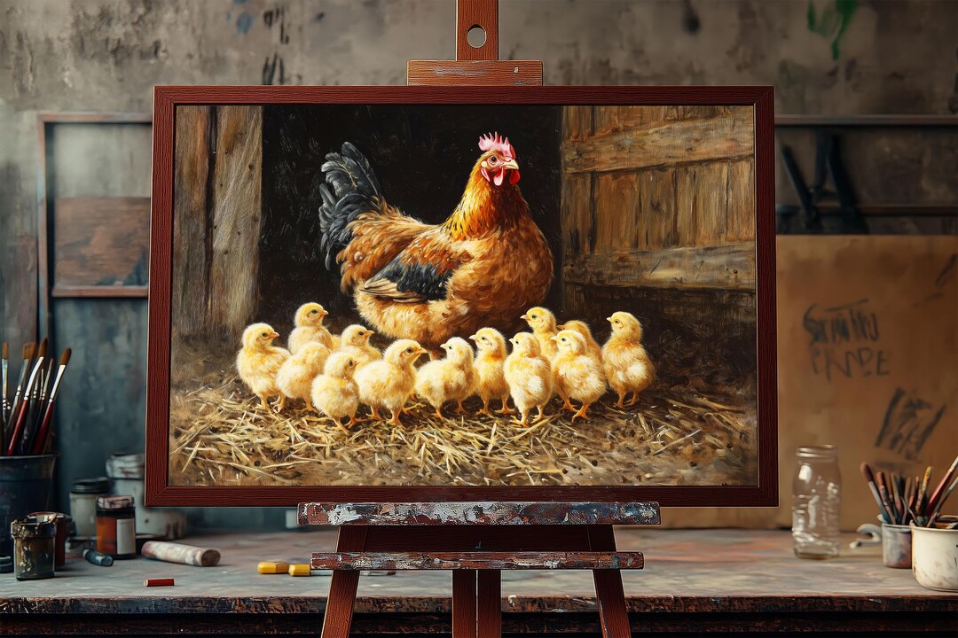 Mother Hen and Chicks Oil Painting | Farm Animal Family Canvas Art ...