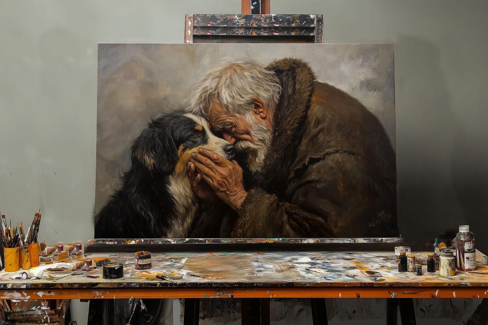 Fine Art Oil Painting Poor Old Man & His Loyal Dog | Touching Rustic ...