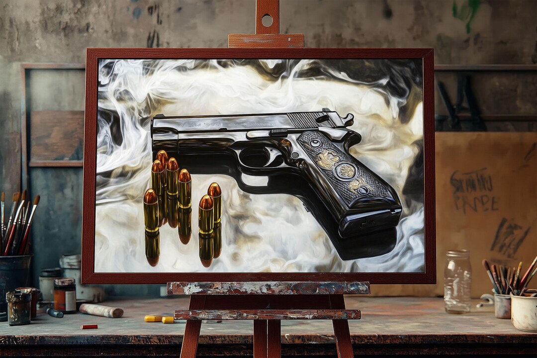 Original Oil Painting Black Pistol and Golden Bullets, Oil Painting on ...