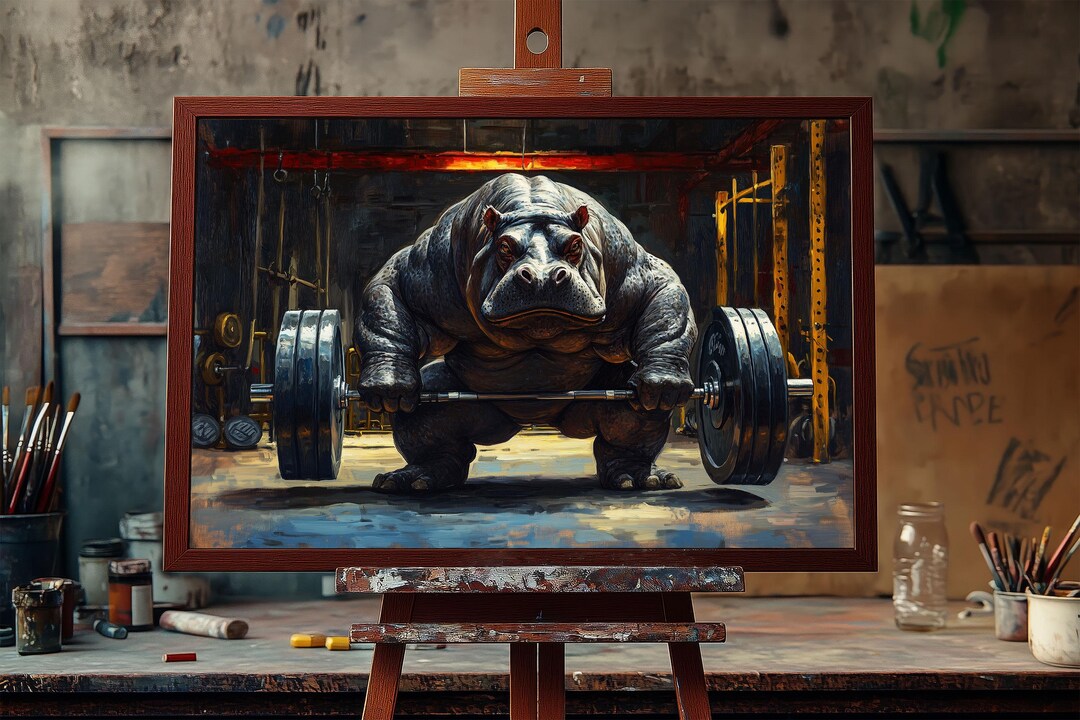Original Oil Painting Hippo Weightlifting, Oil Painting on Canvas Wall ...