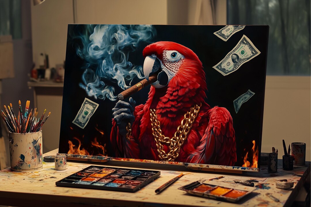 Fine Art Oil Painting Smoking Parrot With Dollar | Funny Tropical Bird ...