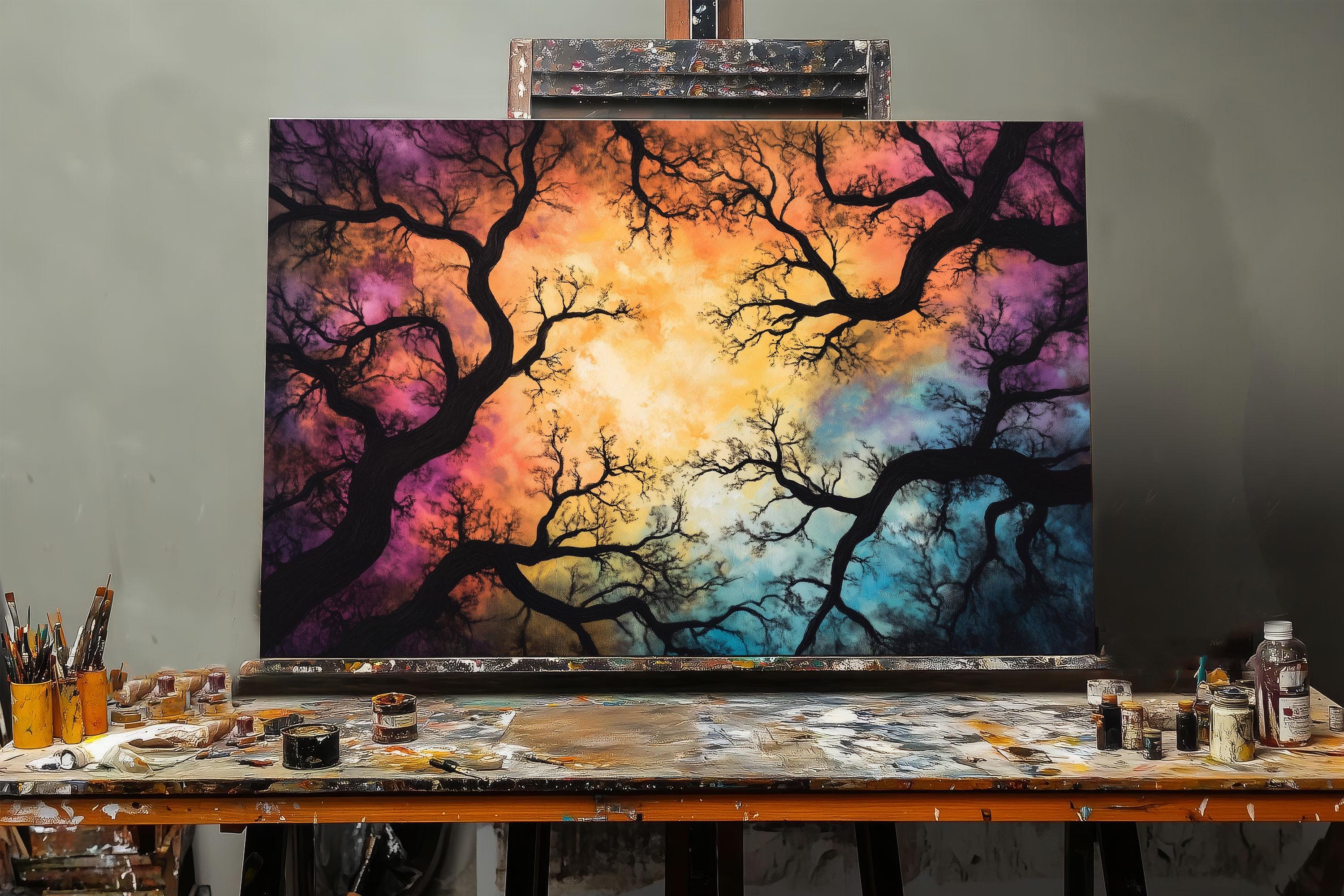 Dramatic Tree Canopy Oil Painting | Sunset Forest Canopy Canvas Art ...