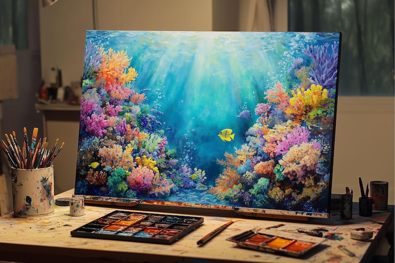 Fine Art Oil Painting Coral Reef Underwater Scene | Hand-painted Ocean ...