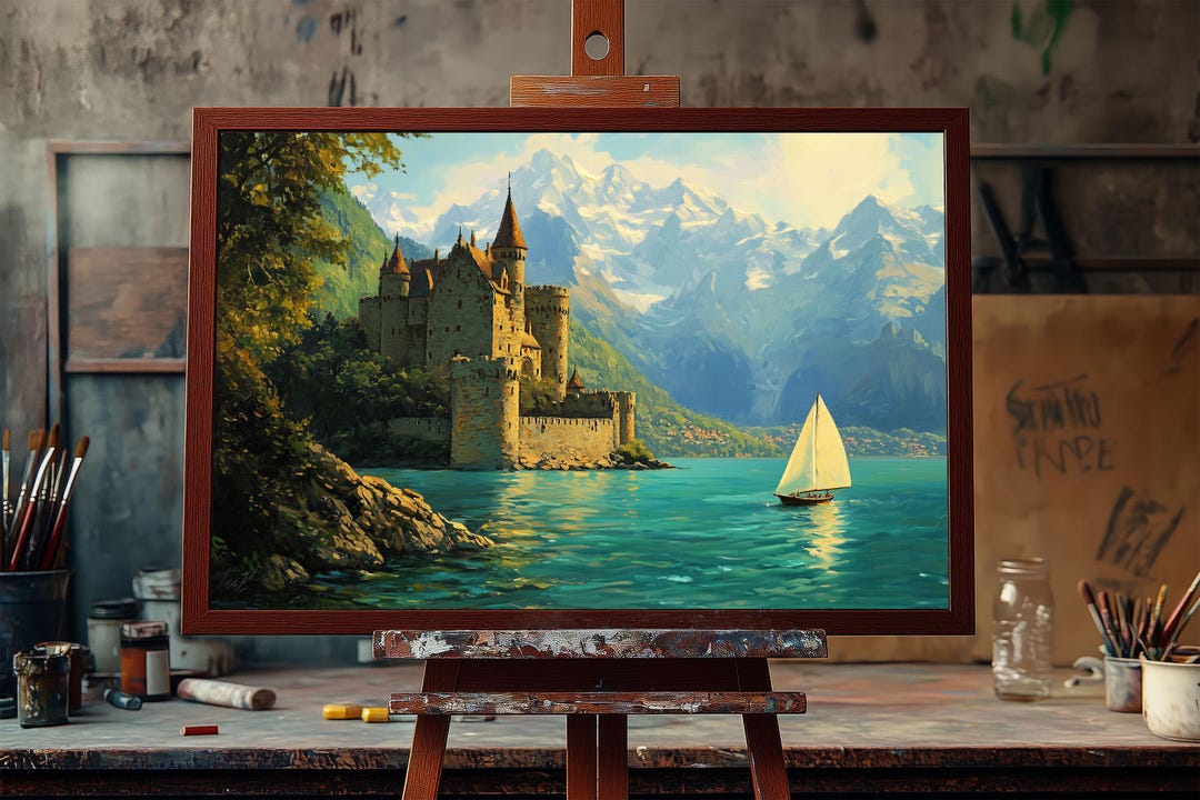 Original Oil Painting Medieval Castle Turquoise Lake, Oil Painting on ...
