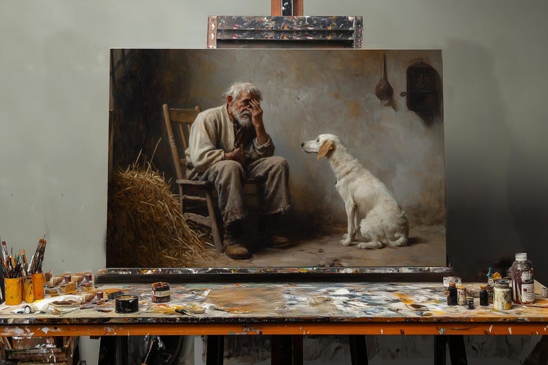 Fine Art Oil Painting Poor Old Man and Dog | Hand-painted Emotional ...