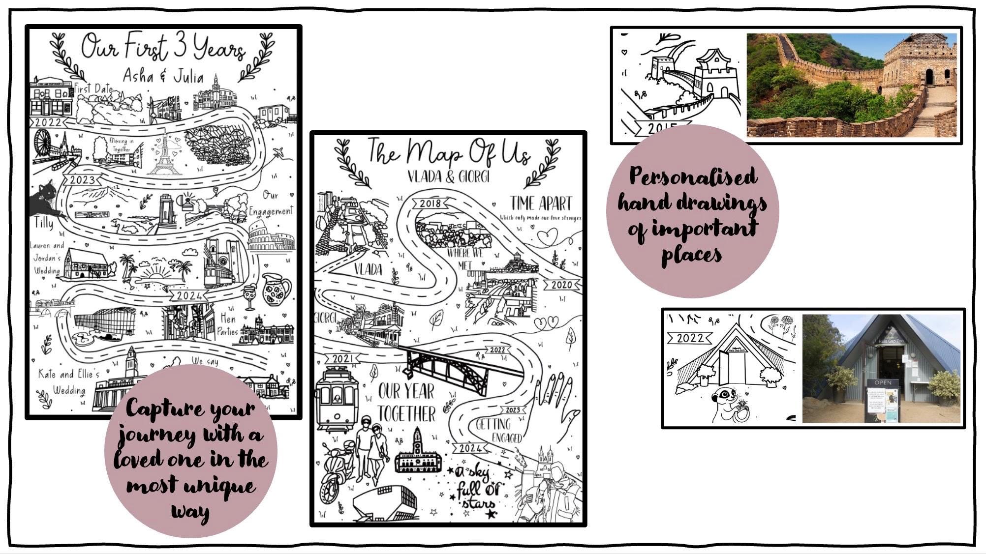 Coloured Customised Relationship Map | Custom Love Story | Anniversary ...