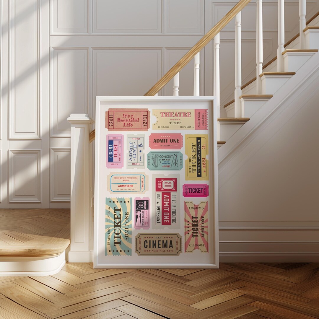 Vintage Ticket Collage Wall Art, Retro Printable Tickets, Movie Concert ...