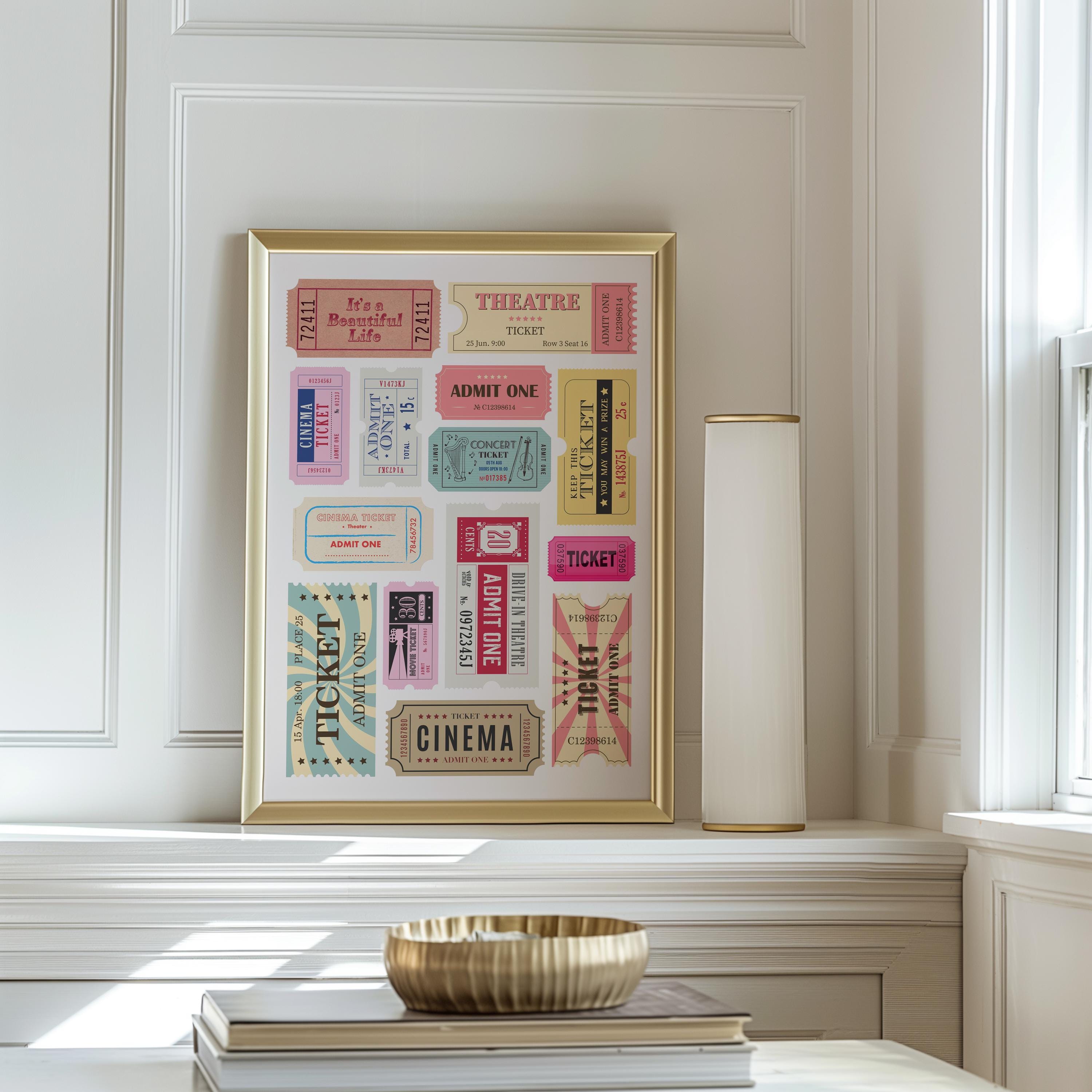 Vintage Ticket Collage Wall Art, Retro Printable Tickets, Movie Concert ...