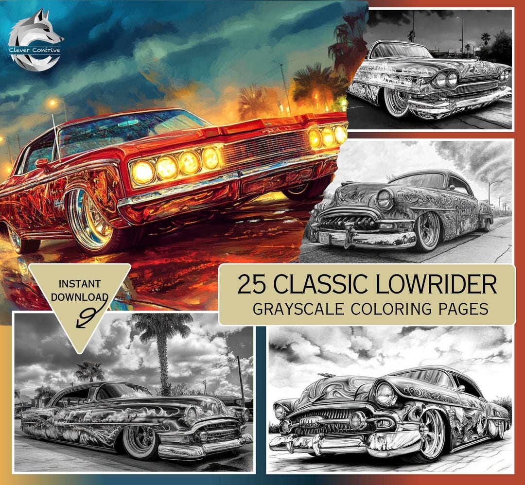 Classic Lowrider Coloring Pages, Vintage Cars, Adult Lowrider Retro Coloring Books, Grayscale ...