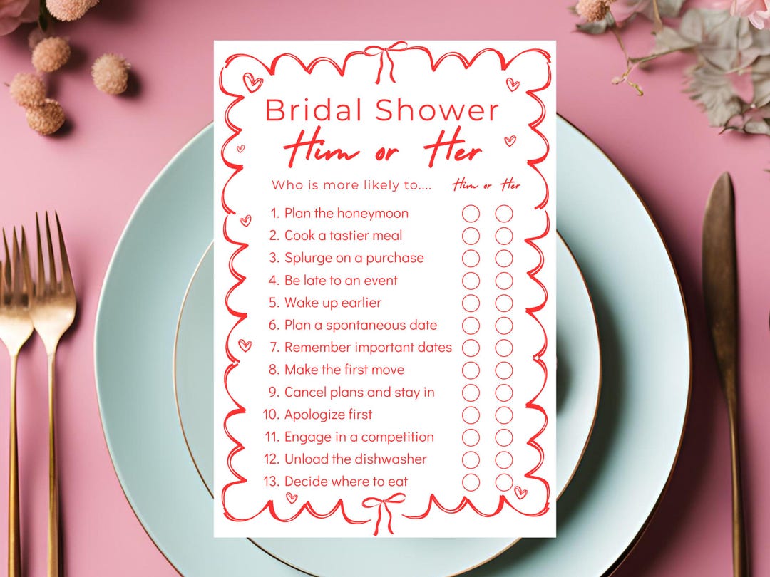 Girly Feminine "him or Her" Printable Bridal Shower Game | Instant ...