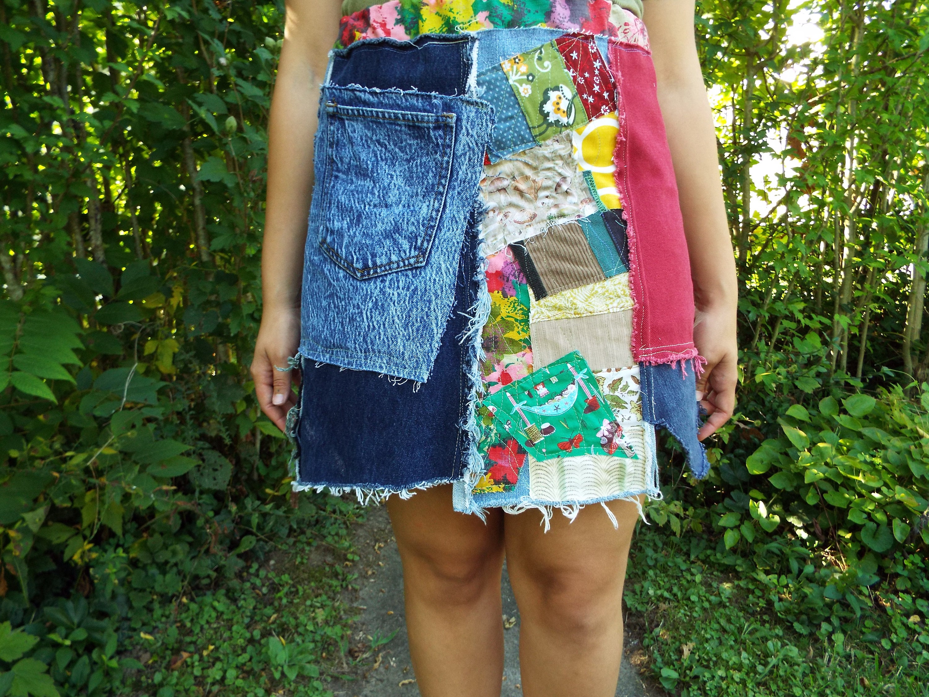 Handmade Patchwork Recycled Denim Skirt Collage Pockets Vintage Uneven ...
