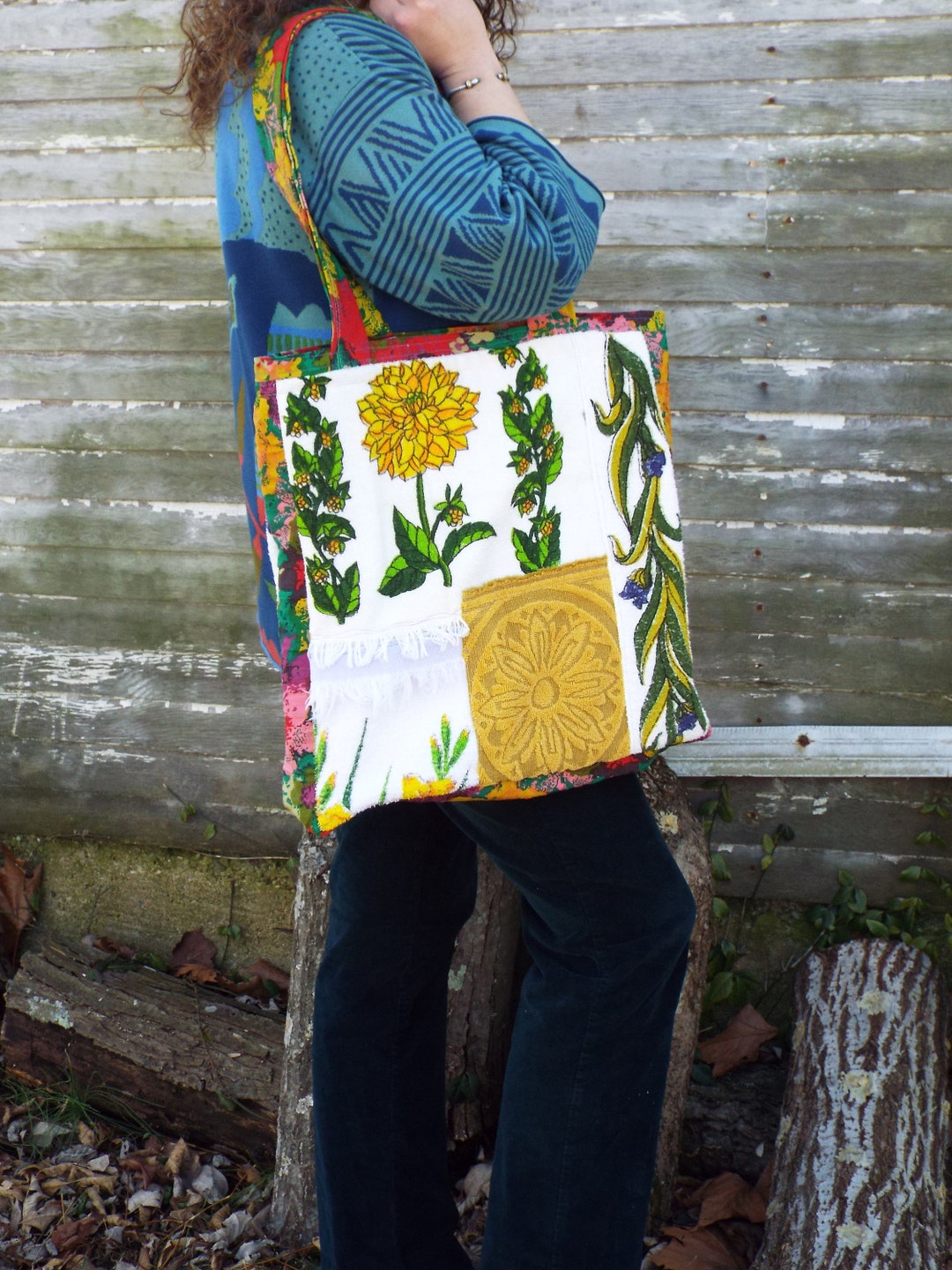 Handmade Tote Large Bag Vintage Recycle Towels Terry Cloth Fabric ...