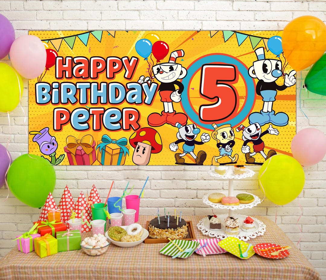 Cuphead Birthday Banner, Cuphead Game Birthday Custom Backdrop, Kids ...