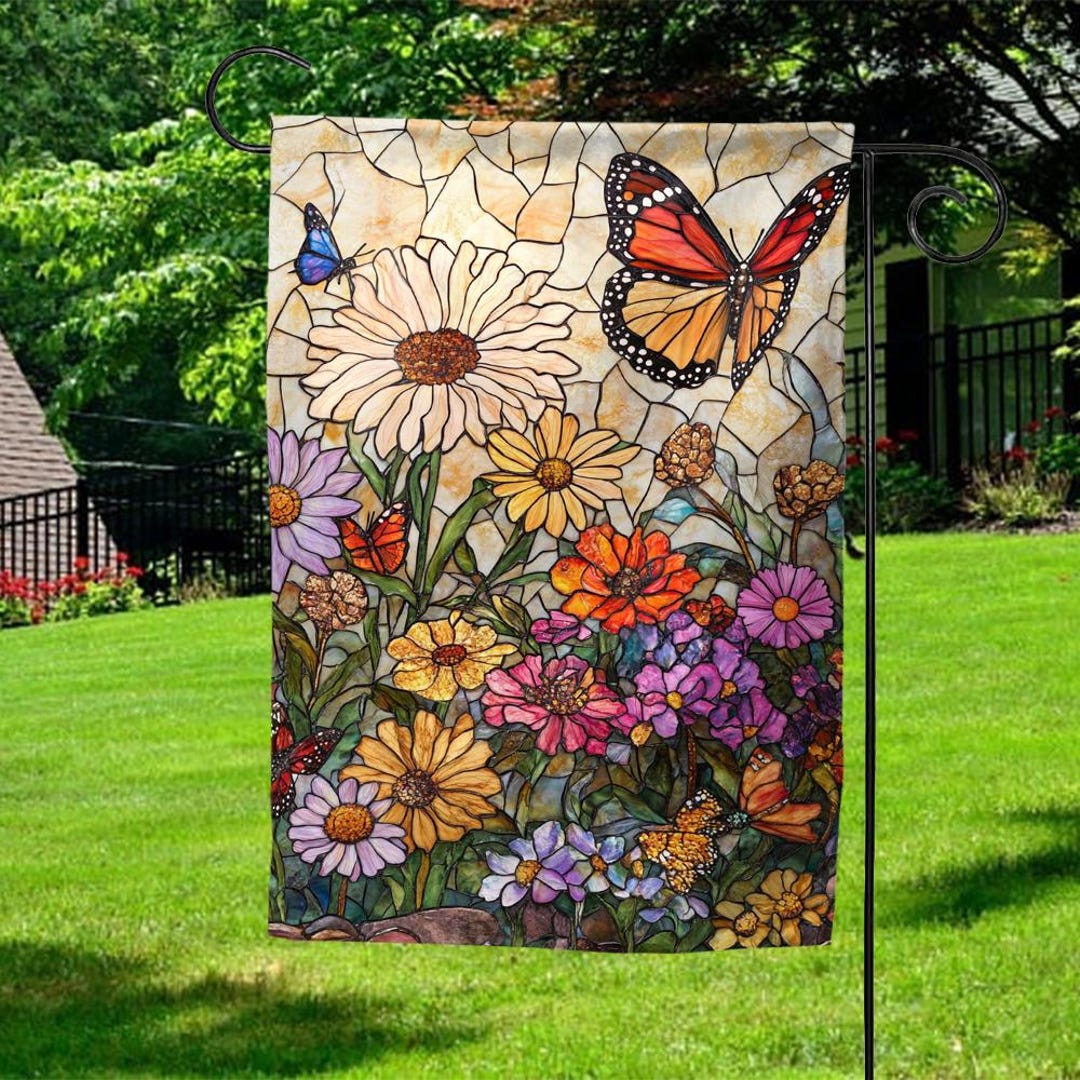 Butterfly Garden Flag, Butterfly Flag, Stained Glass Floral Garden Flag ...