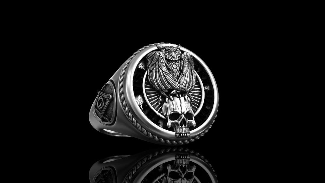 Masonic Symbol Combination Signet Ring, Owl Skull and Square Compass ...