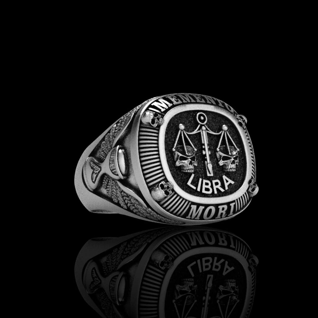 Libra Memento Mori Zodiac Signet Ring in Oxidized Silver, Libra Memento ...