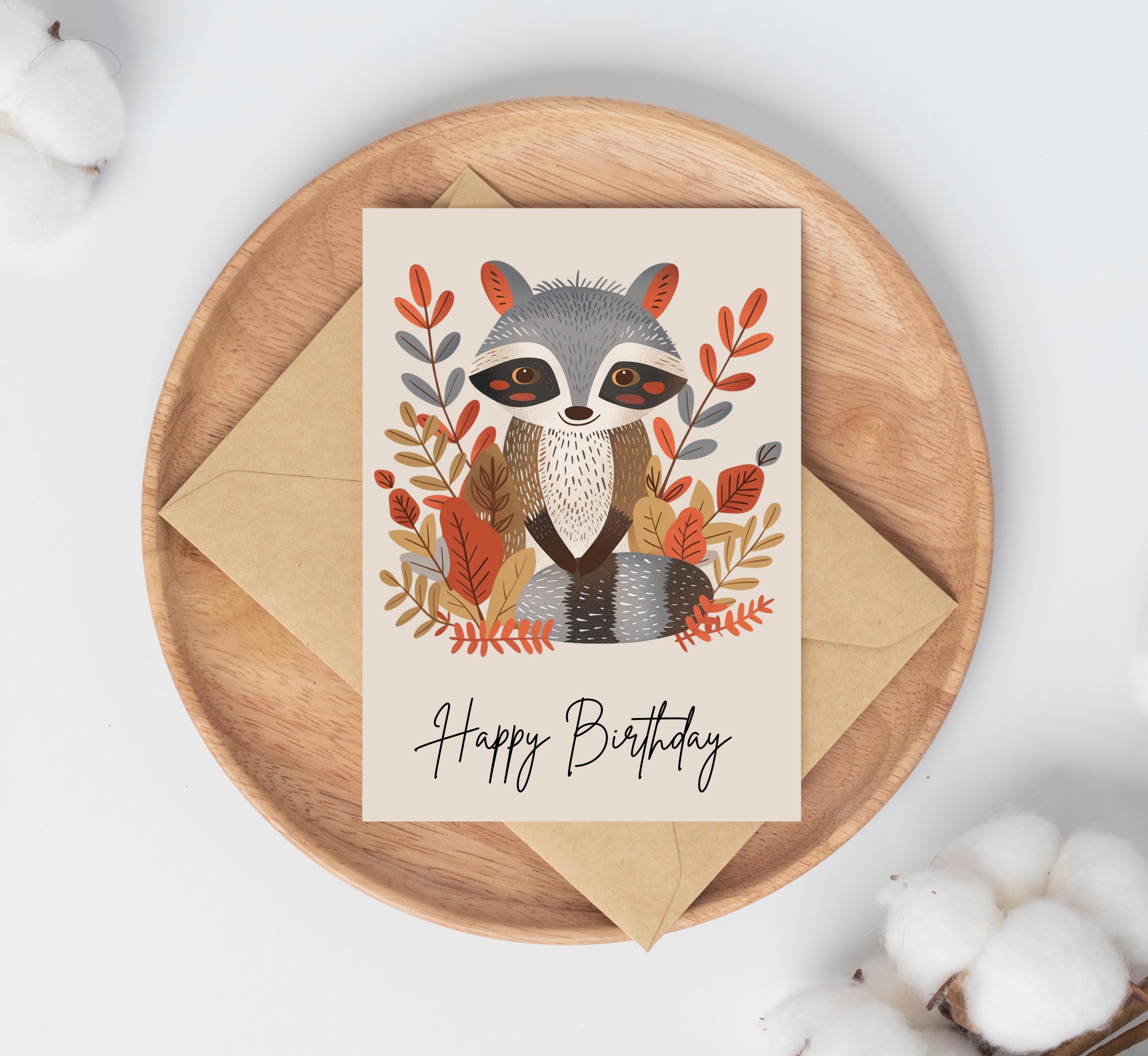 Printable Fall Raccoon Birthday Card, Printable Fall Birthday Card ...