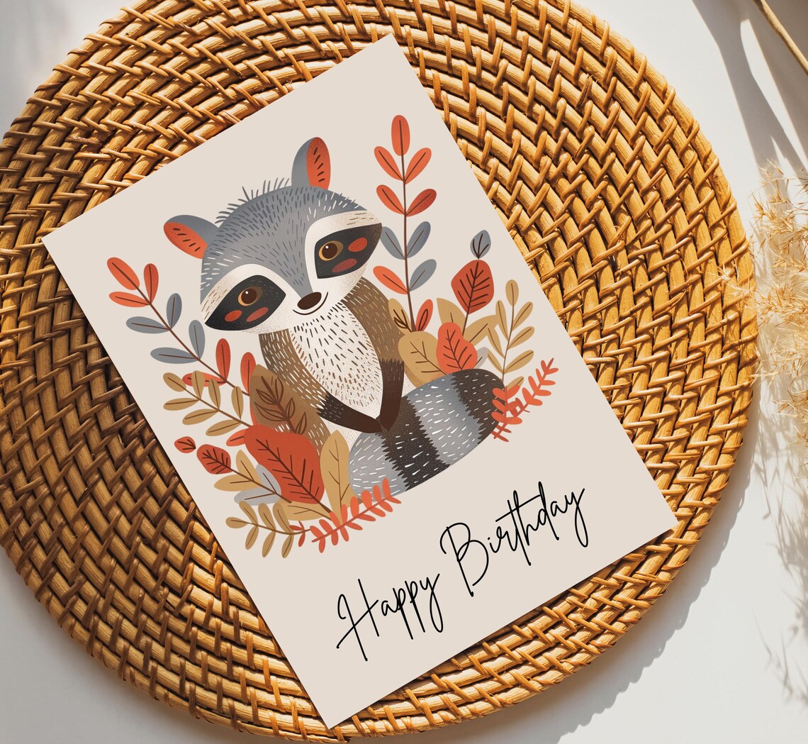 Printable Fall Raccoon Birthday Card, Printable Fall Birthday Card ...