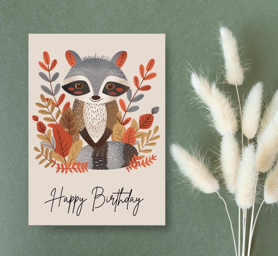 Printable Fall Raccoon Birthday Card, Printable Fall Birthday Card ...
