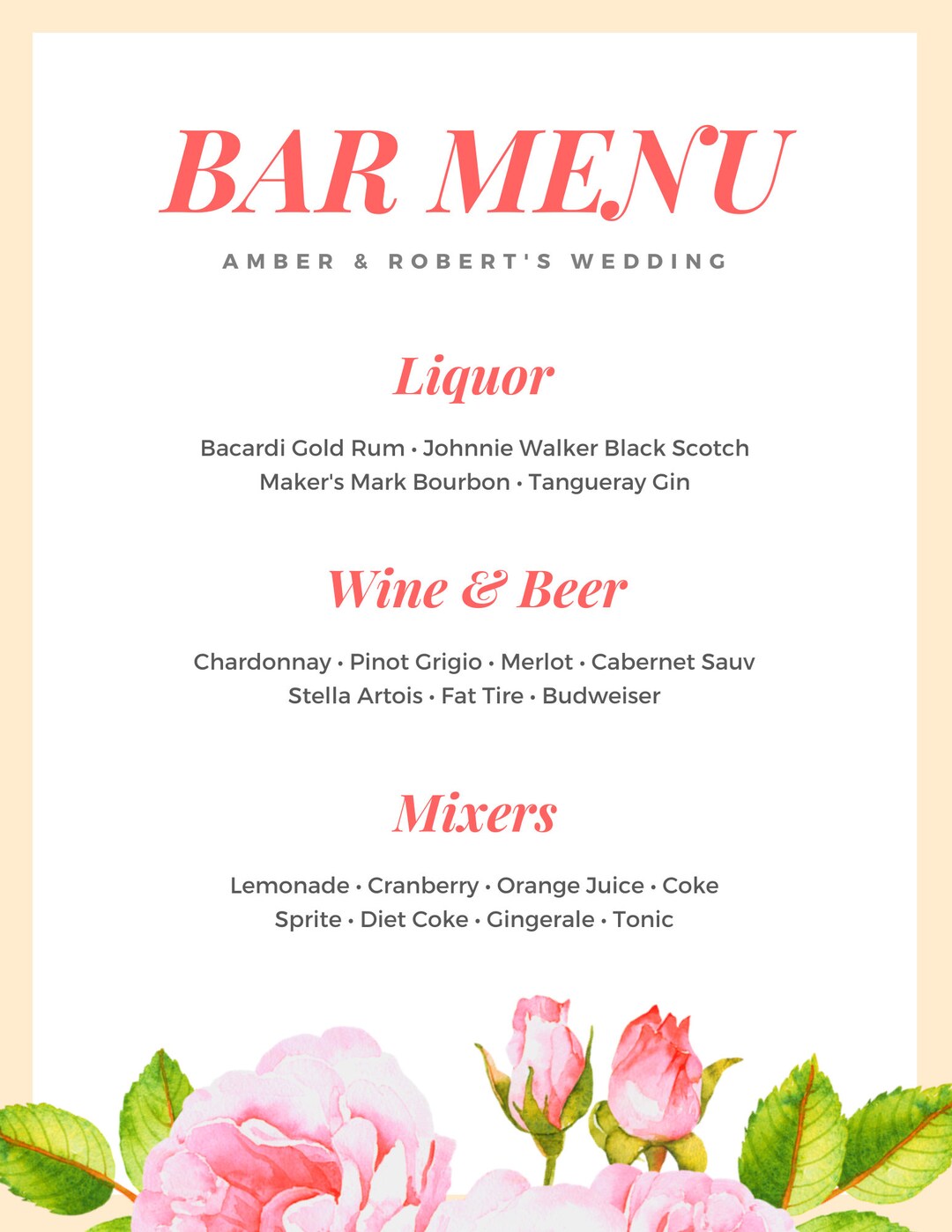 Floral Bar Menu- Customizable Template - Etsy