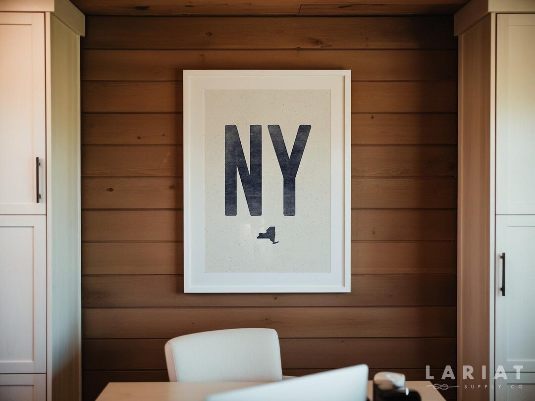 New York State Poster Print, Vintage Style Woodcut Wall Art, Navy NY ...