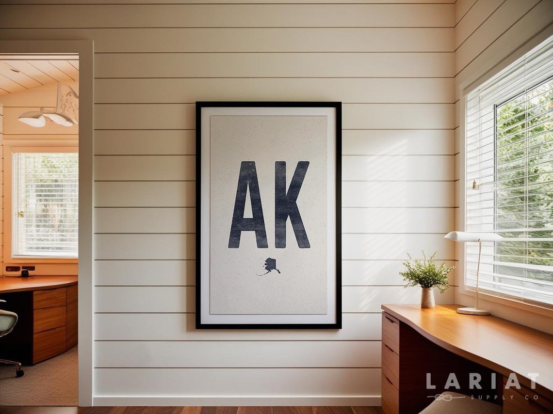 Alaska State Poster, Vintage Style Woodcut Wall Art, Navy AK Poster ...