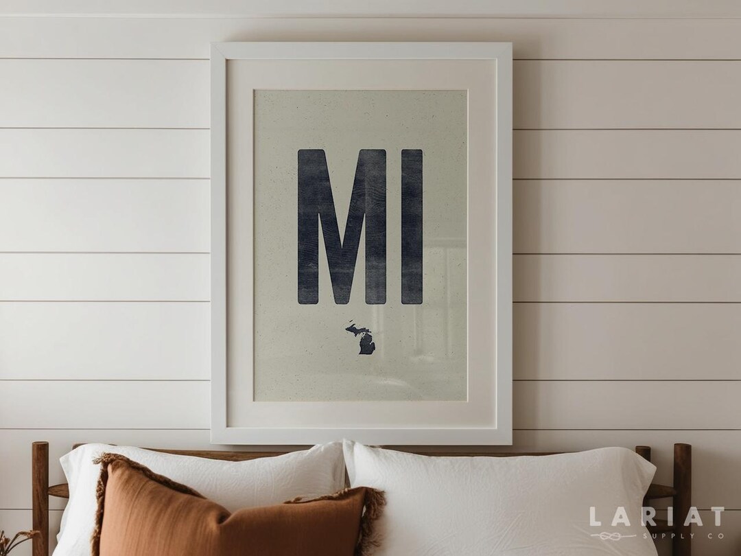Michigan State Poster Print, MI Abbreviation Wall Art, Woodcut Rolled ...