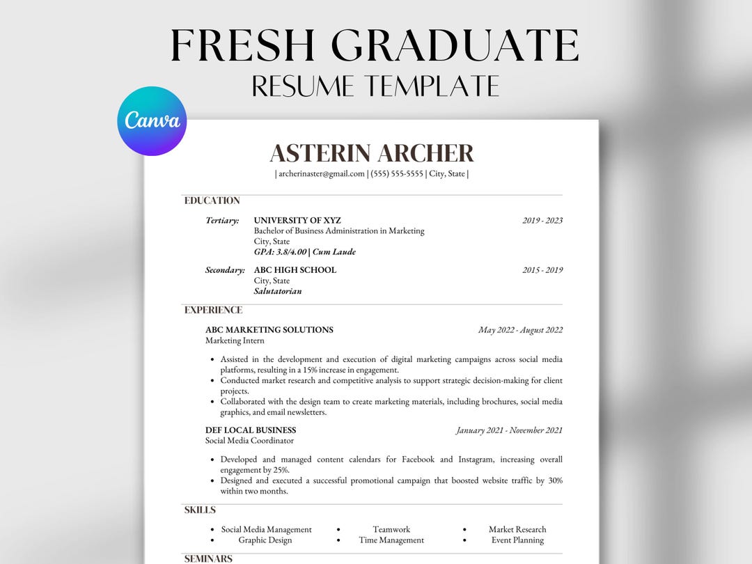 Fresh Graduate Resume Template Canva ATS Friendly New Graduate No ...